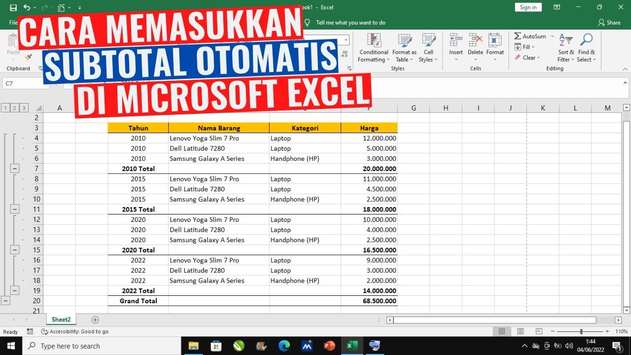 Cara Memasukkan Subtotal Secara Otomatis di Microsoft Excel - YouTube