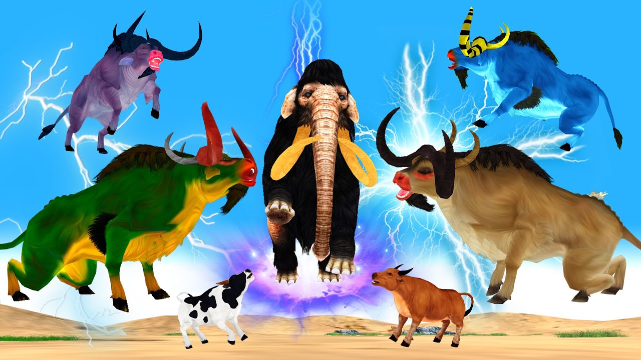 4 Giant Bulls Vs Mammoth Elephant Saved Cow Cartoon Mammoth and Bulls ...