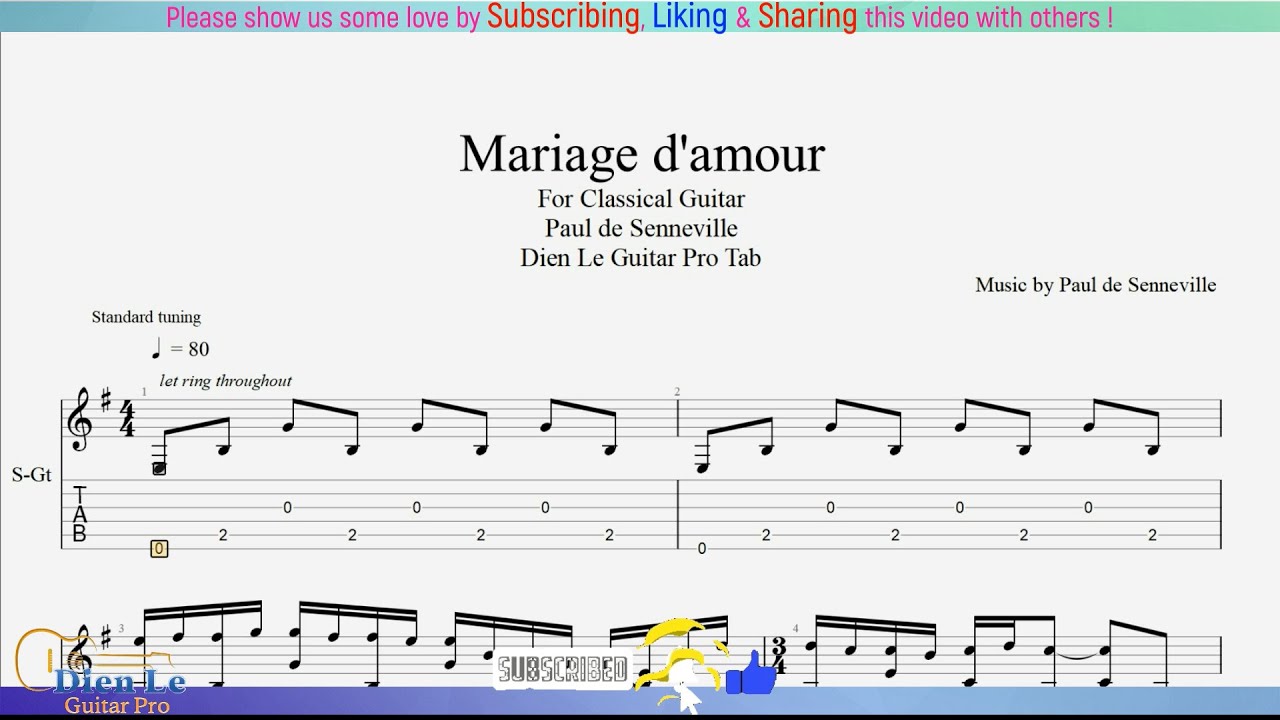 For Classical Guitar with TABs - Mariage d'amour (Easy version) - YouTube
