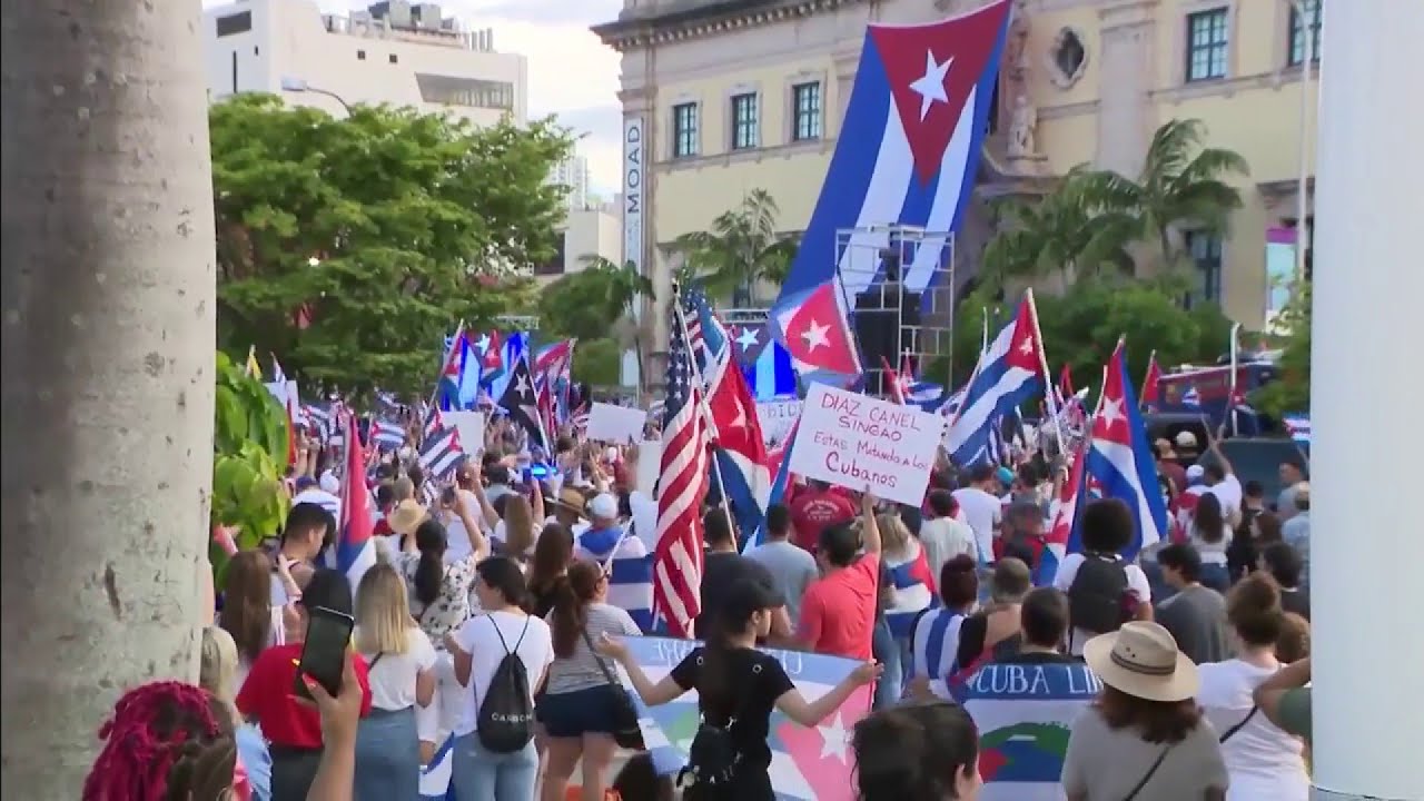 Large crowd gathers for protest in Downtown Miami outside Freedom Tower ...