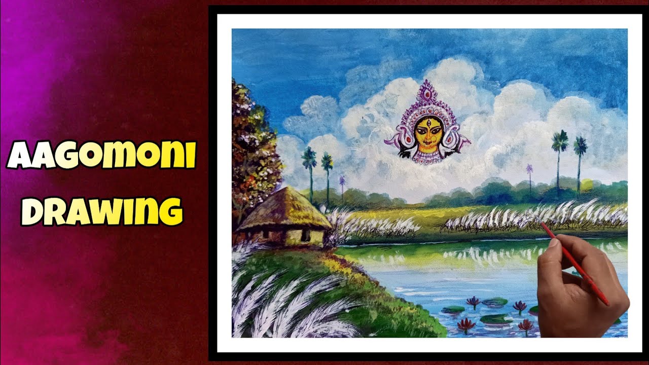 Agomoni Drawing | Durga Puja Agomoni Drawing | How to draw Durga Mata ...