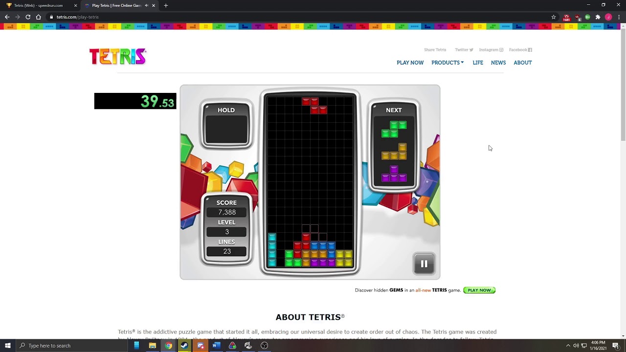 Tetris(Web) 40 Line Speedrun 1:03:70 PB - YouTube