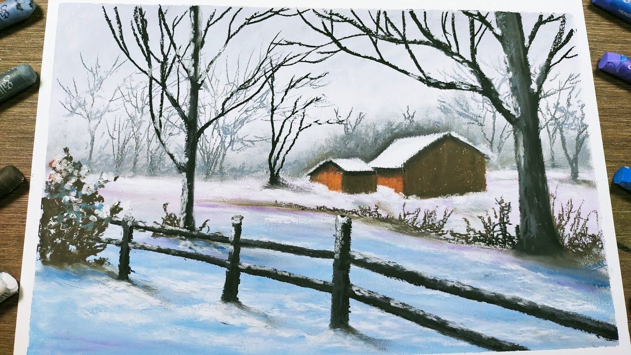 Oil pastel drawing/How to draw winter scenery with oil pastel step by ...