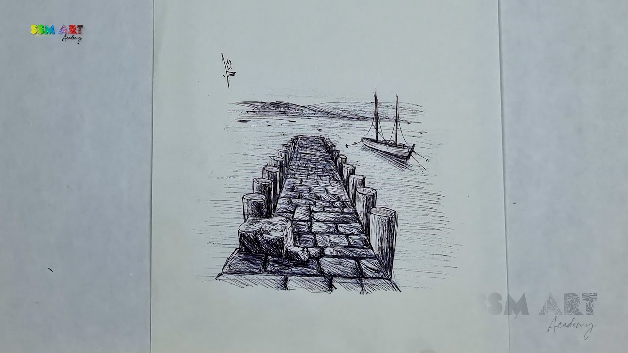 Peaceful Pier Ink Drawing | Coastal Sketch | SSM Art - YouTube
