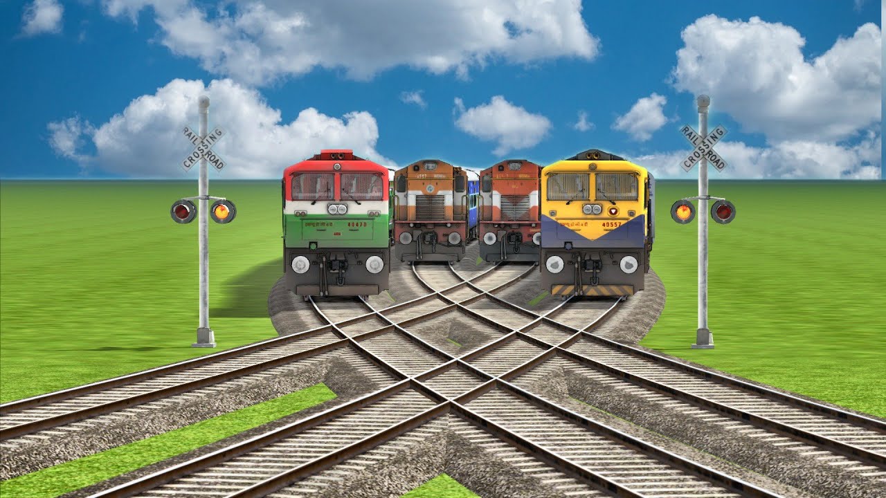 4 DIESEL TRAINS ON CROSSROAD RAILWAY TRACK ON DIAMOND RAILROAD CROSSING ...