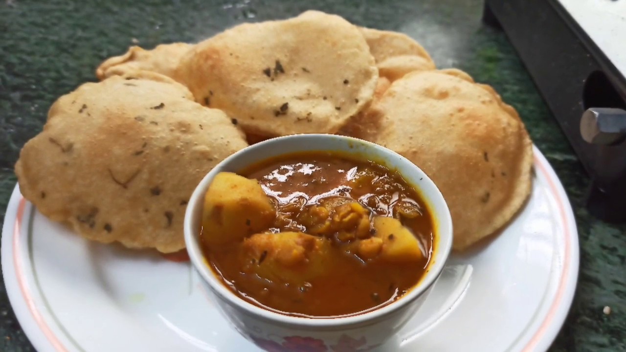 Breakfast recipes Aalu dum with Chana dal,& mathi puri, vegetarian ...