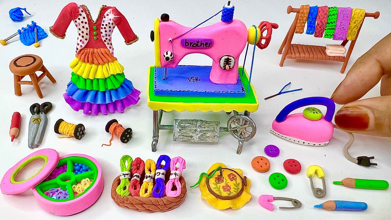 DIY How To Make Polymer Clay Miniature Sewing Machine Set | Sewing ...