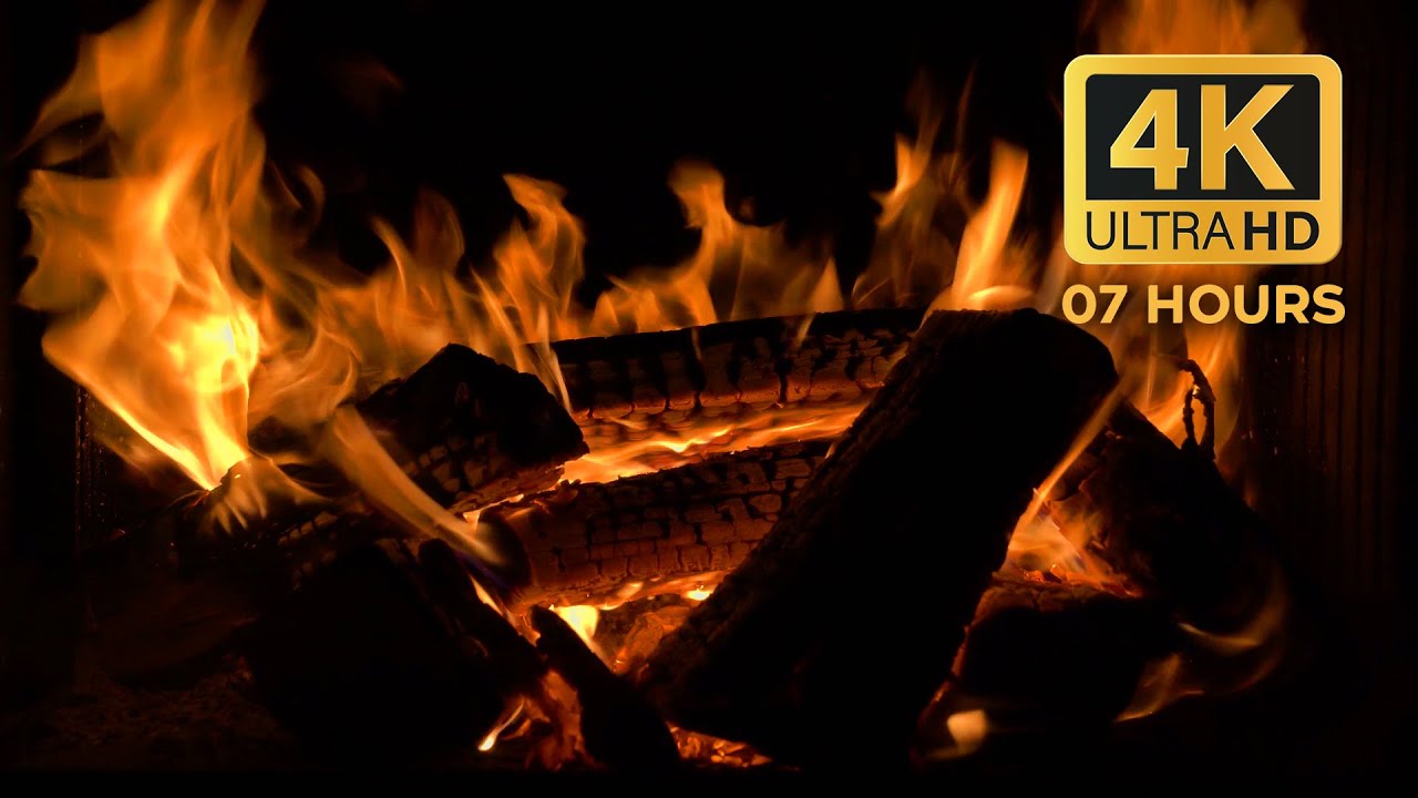 Fireplace at Night 4K 🔥 Cozy Fireplace (7 HOURS) Fireplace video with ...