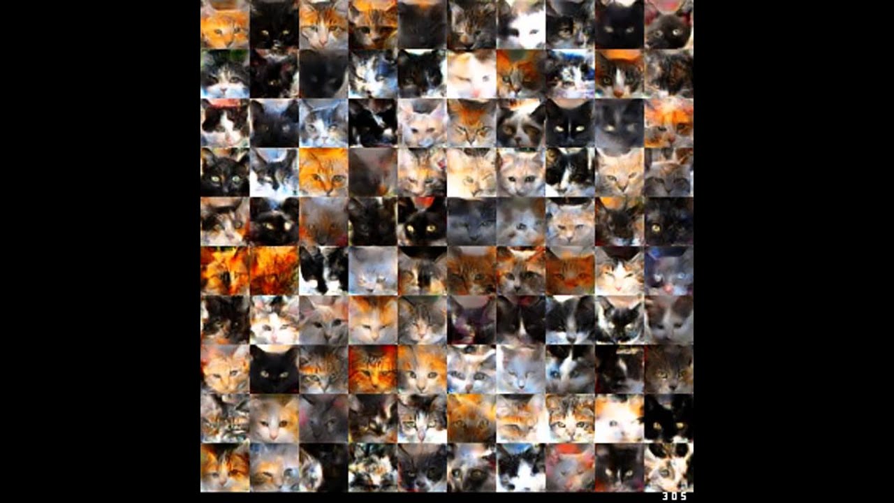 Neural network learning to generate cat images (model G32up) - YouTube