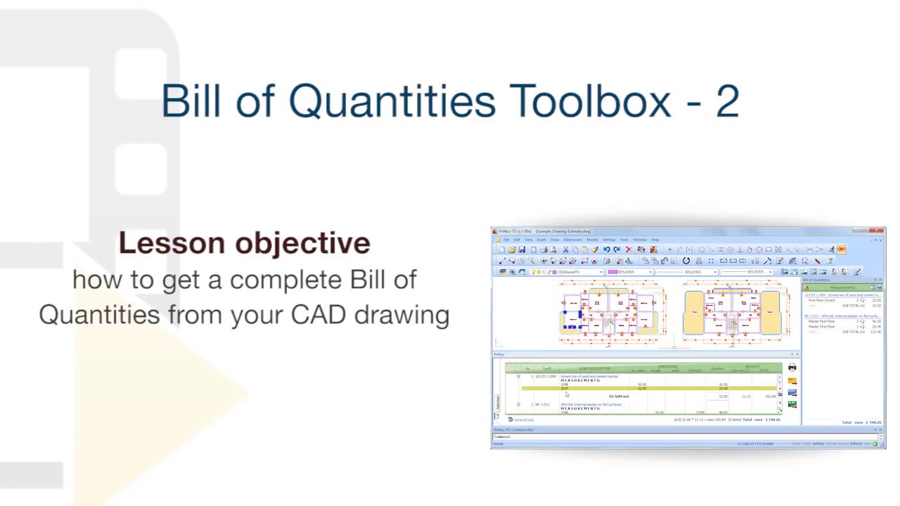 PriMus TAKEOFF Tutorial - Bill of Quantities Toolbox - 2 - ACCA software - YouTube