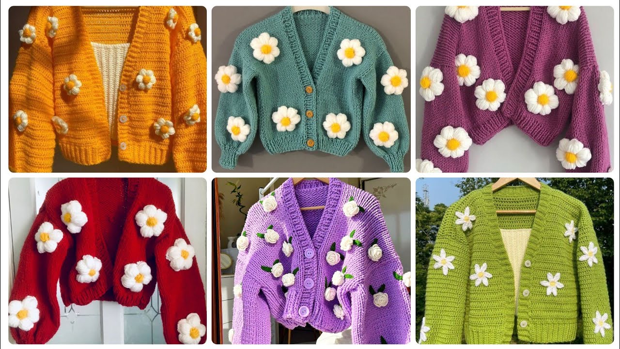 Big puff flower open soft cardigan/Hand knit soft sweater/Crochet ...