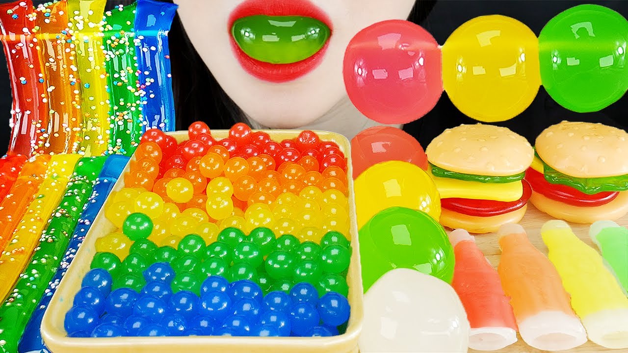 Asmr Rainbow Jelly Noodles And Popping Boba And Hamburger Jelly And Kyoho
