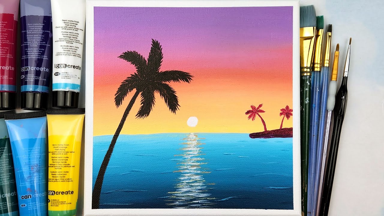 Palm Tree Sunset | Easy Acrylic Painting Idea for Beginners | Step by ...