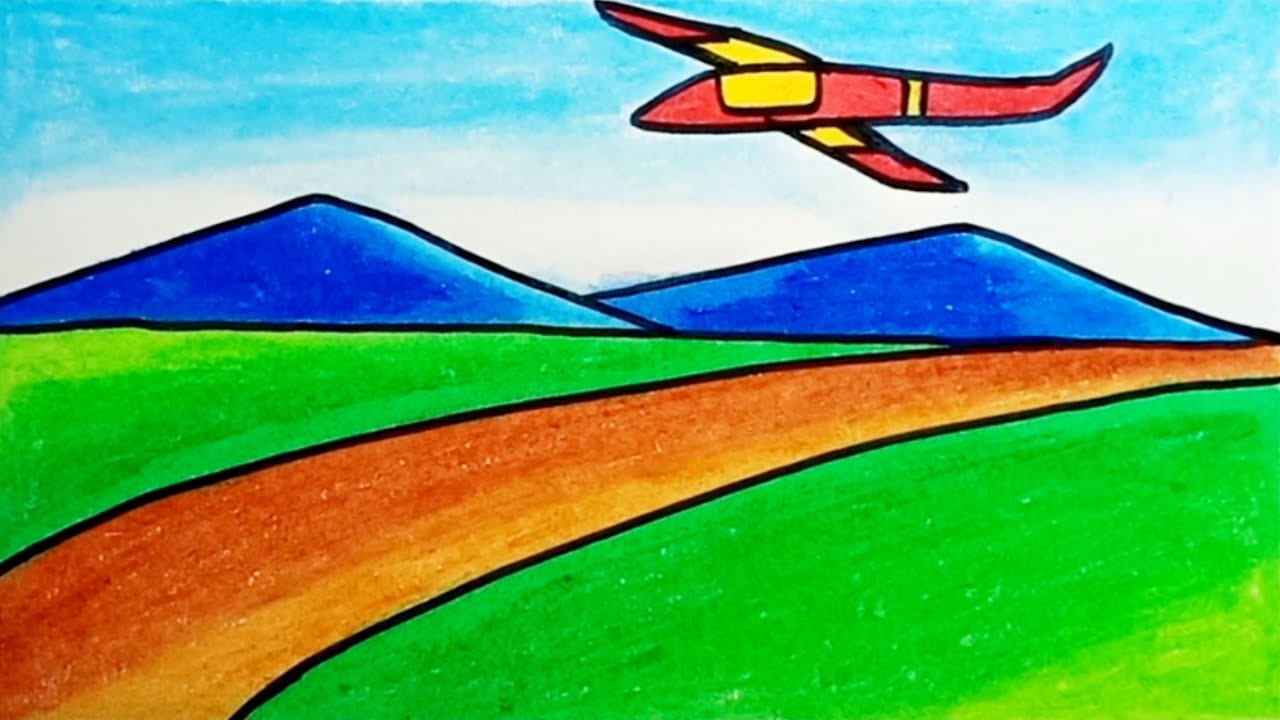 How To Draw Easy Scenery |How To Draw Mountain And Airplane Natural ...