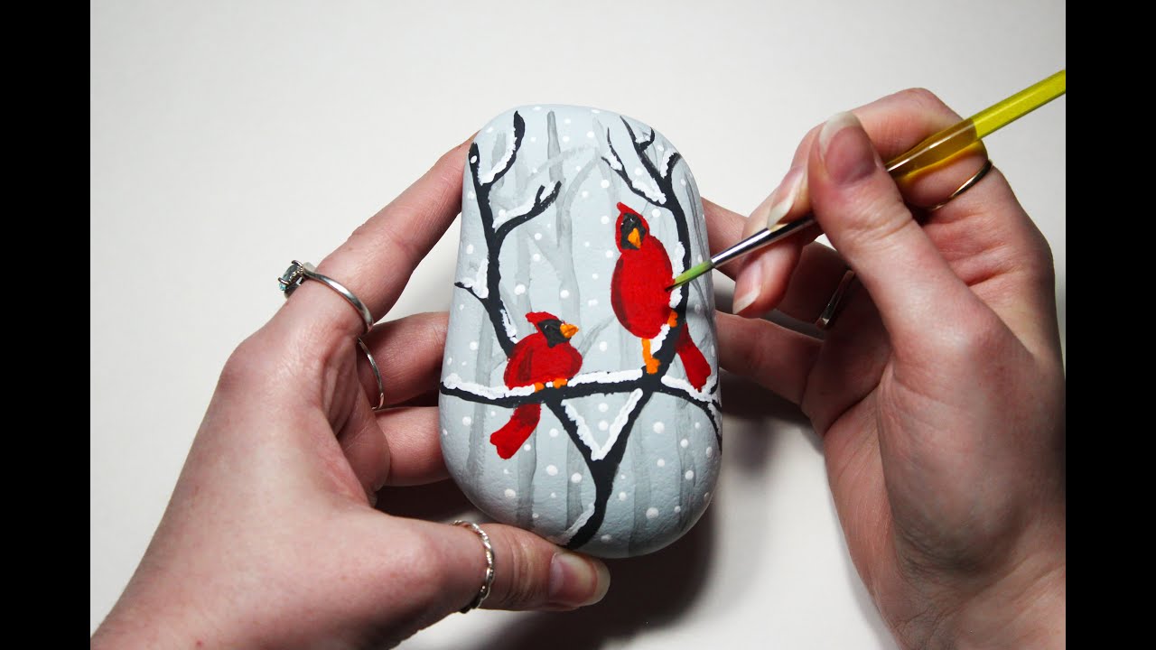 Winter Cardinals Painted Rock | Step-by-Step Tutorial - YouTube