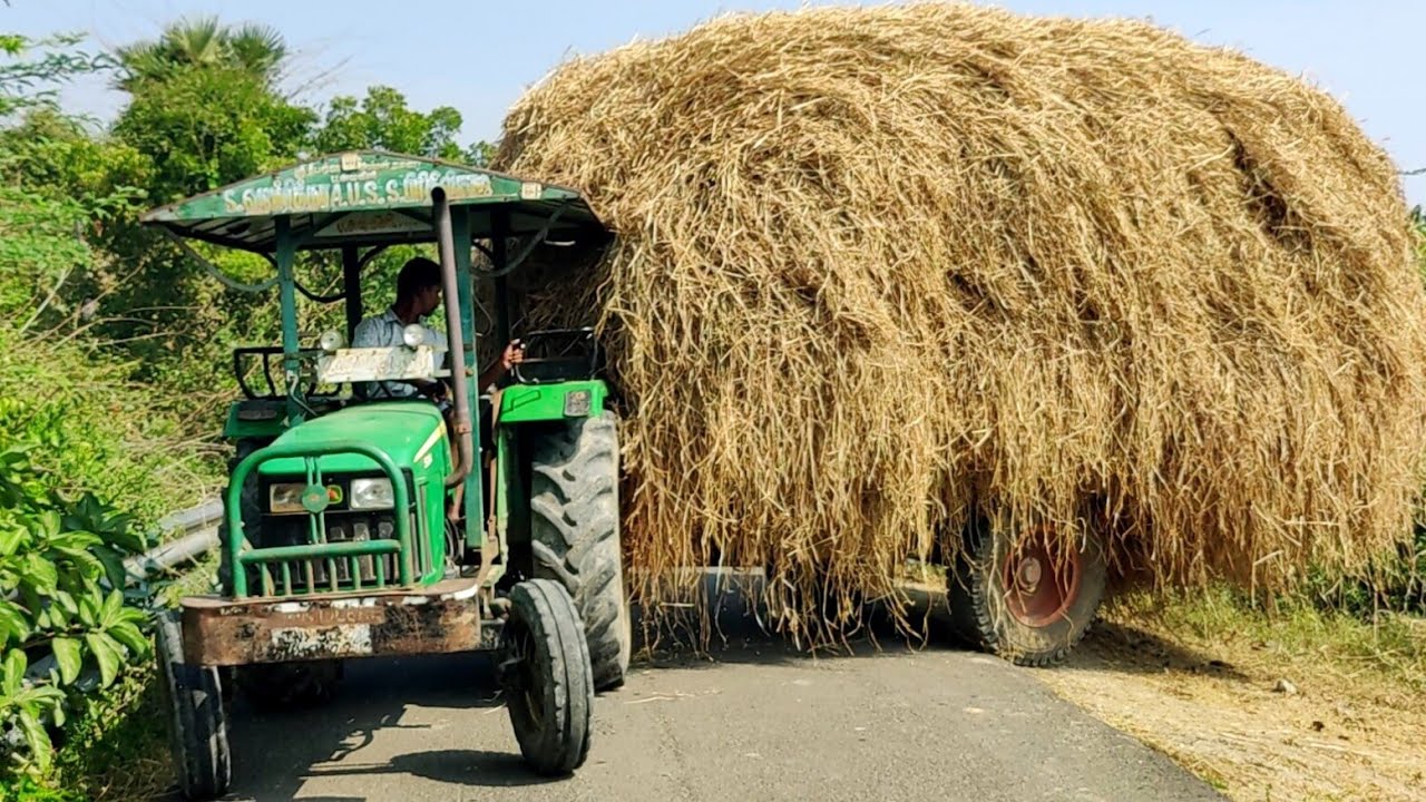 John Deere Tractor Paddy Straw heavy load pulling in riding // Tractor ...