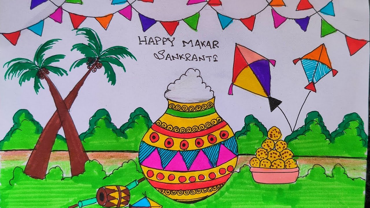 Makar Sankranti drawing easy| How to draw Makar Sankranti drawing Happy ...