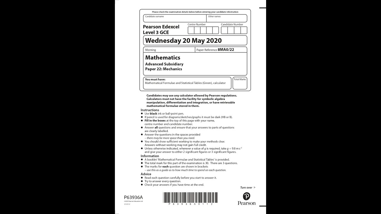 Edexcel - AS-Level Mathematics - Paper 2 [Mechanics] - June 2020 ...
