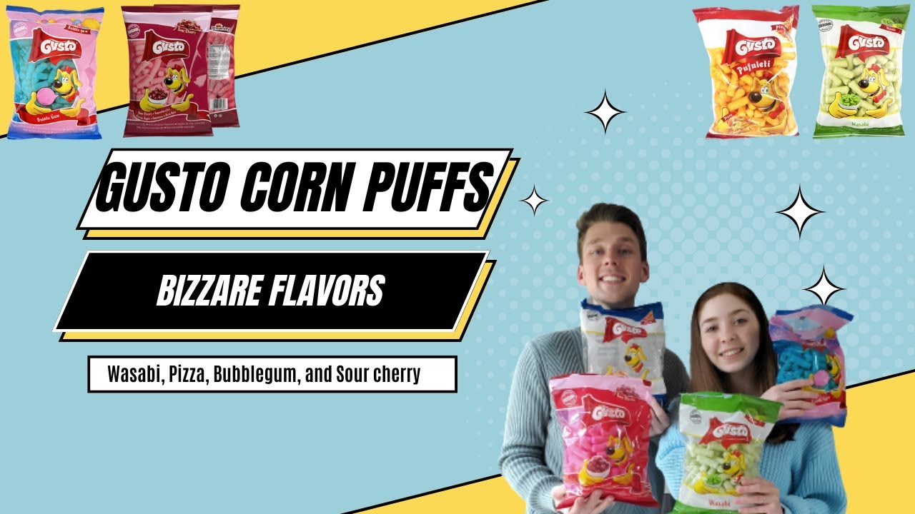 Trying Gusto Corn Puffs BIZZARE flavors -Wasabi, Pizza, Bubblegum ...