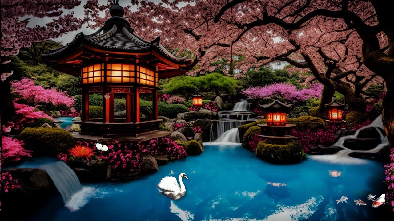 SPRING TIME JAPANESE GARDEN AMBIENCE-CHERRY BLOSSOM-KOI POND-WATERFALLS ...