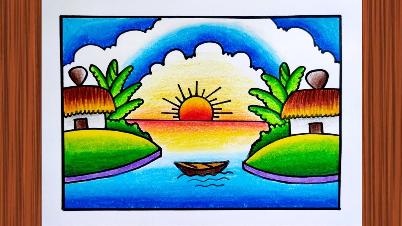 Morning sun shine scenery drawing / Easy village scenery drawing ...