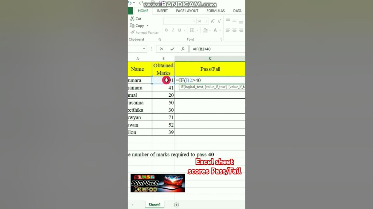 Excel sheet scores Pass/Fail - YouTube