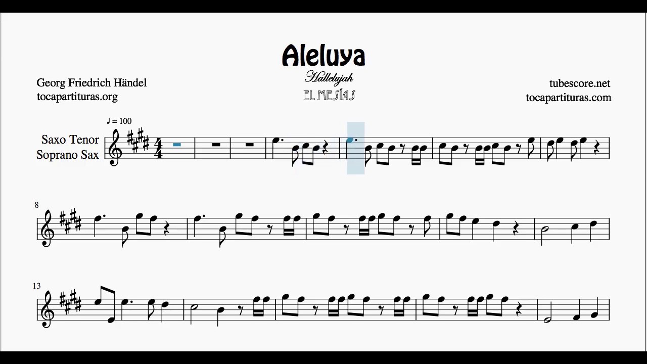 Aleluya by Handel Sheet Music for Tenor Saxophone and Soprano Sax The ...