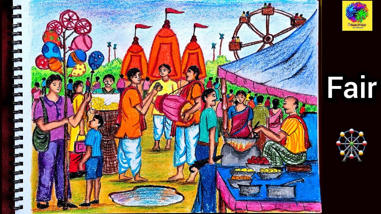 রথের মেলার ছবি আঁকা🎨||Rath Fair Drawing with oil pastel🖍||Village ...