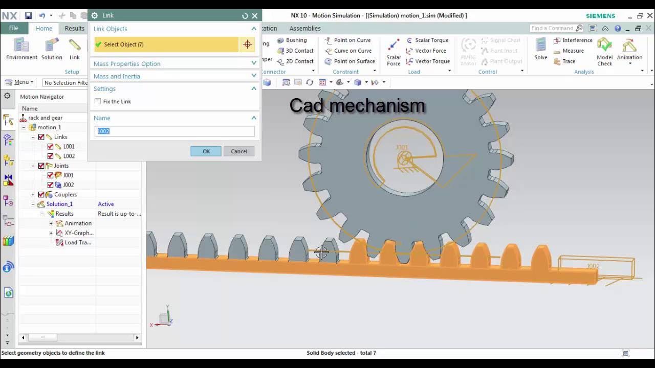 rack and pinion mechanism transmission parts nx motion simulation - YouTube