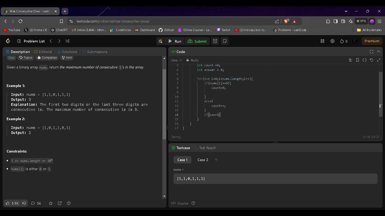 Max Consecutive Ones Leetcode 485 Java Solution Youtube