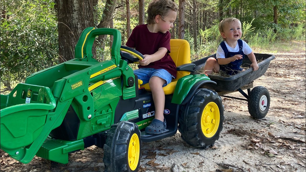 John Deere peg perego tractor fun with home-made trailer! - YouTube