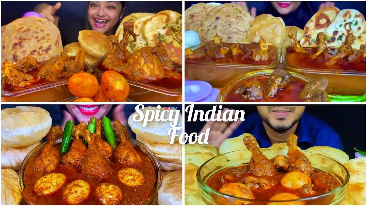 ASMR EATING NUN PARATHA PURI SPICY 🔥 MUTTON CURRY CHICKEN CURRY EGG ...