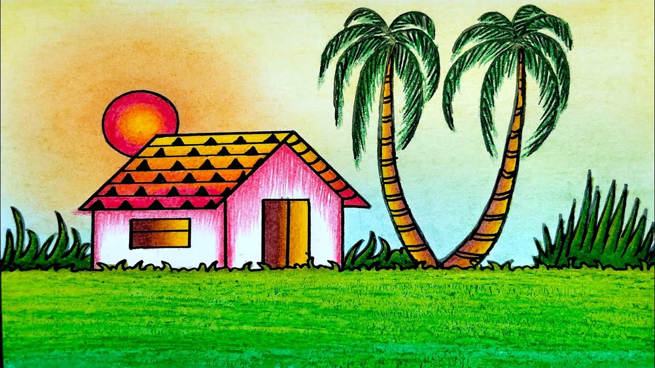 House 🏡 Drawing with Trees 🌴 | Scenery House Drawing with Sunset | Draw ...