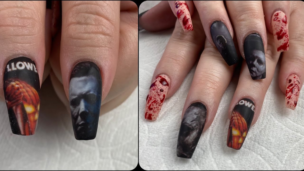 Halloween Michael Myers | Blood Splatter | Nail Tutorial | Builder Gel ...