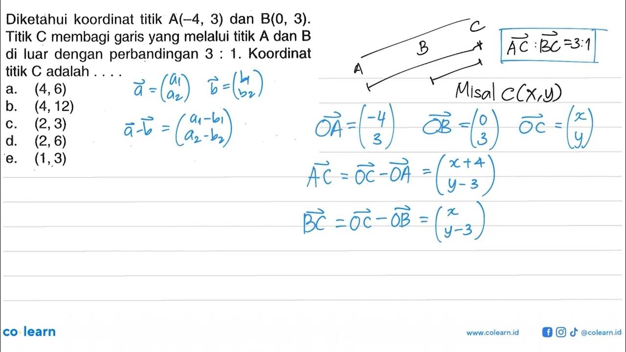 Diketahui koordinat titik A(-4,3) dan B(0,3). Titik C membagi garis ...