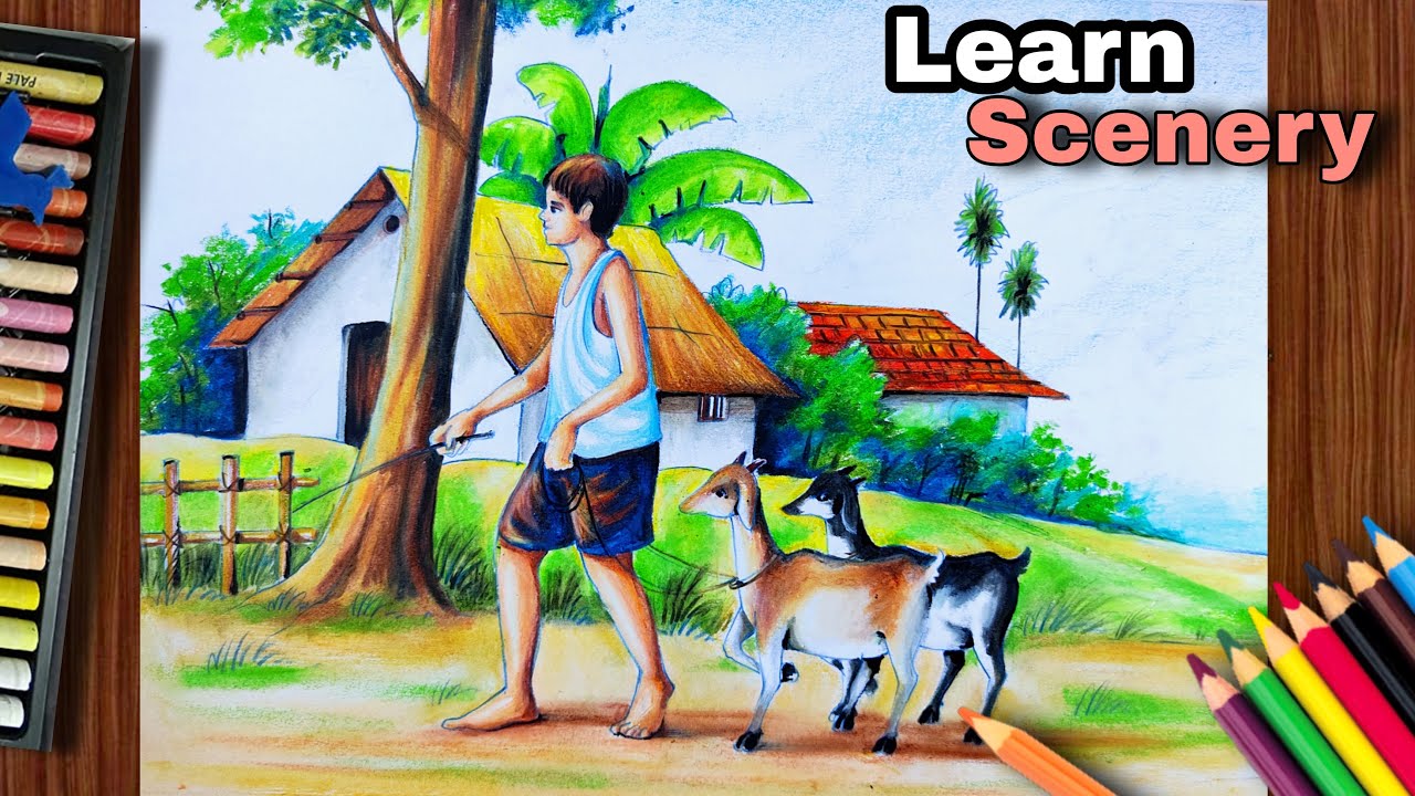 || HOW TO DRAW VILLAGE SCENERY WITH HUMAN FIGURE AND ANIMAL FIGURE WITH ...