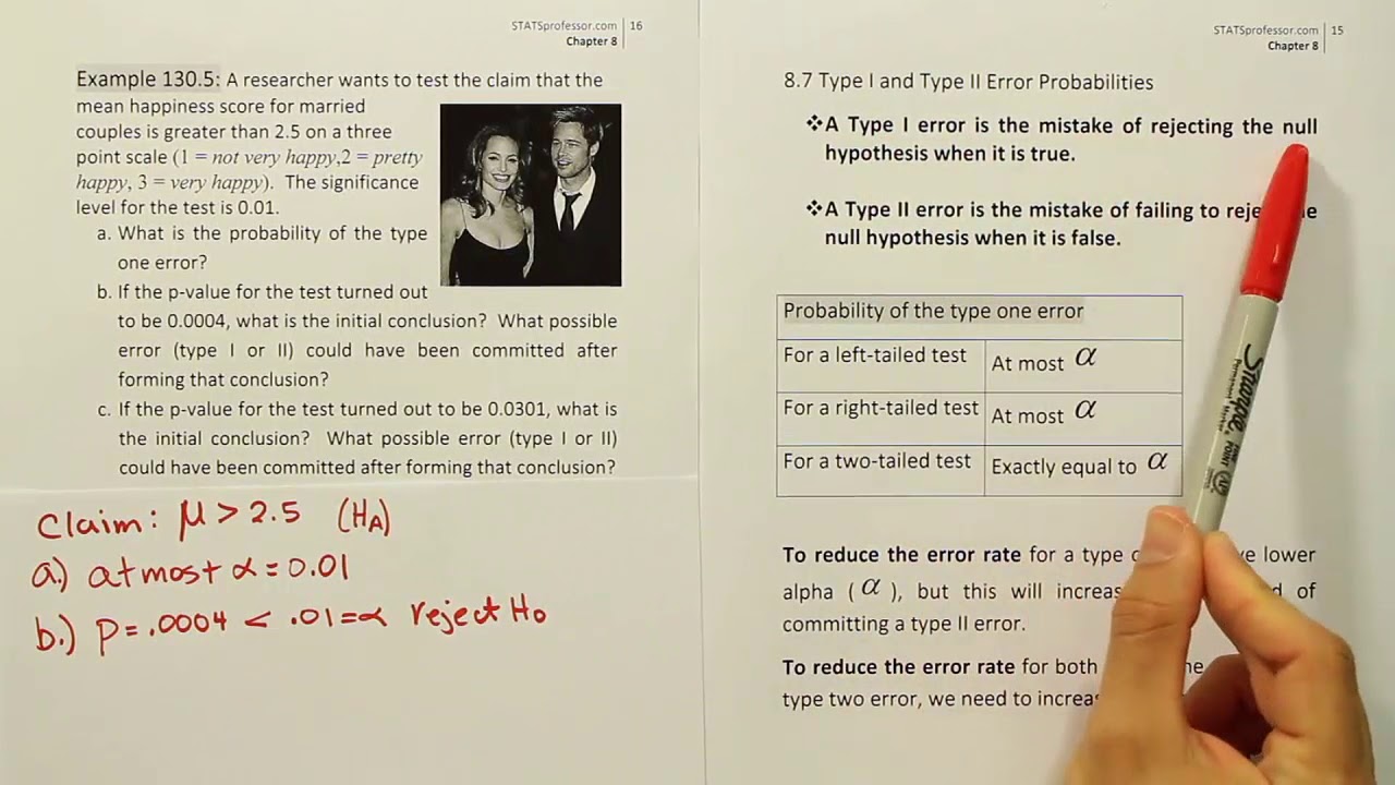 Hypothesis Testing: Type I and Type II errors, example 130.5 - YouTube