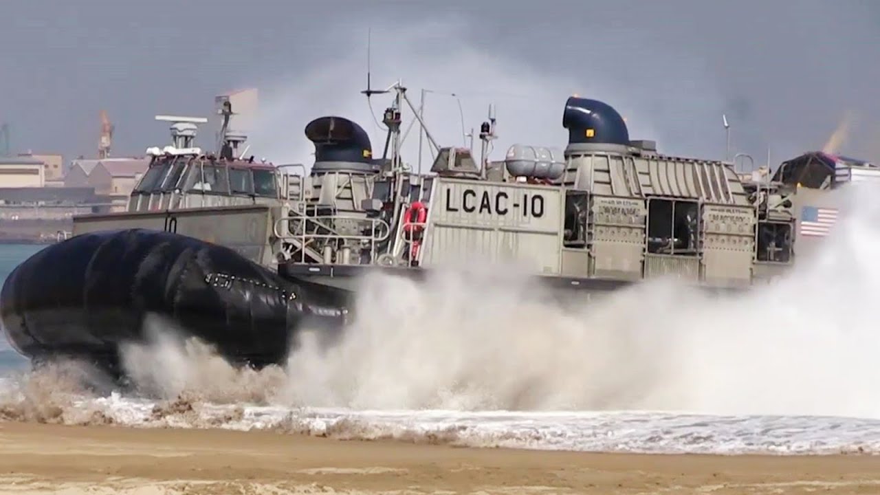 U.S. Navy Hovercraft – 'LCAC' Lands on Korean Beach - YouTube