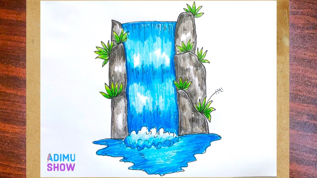 Waterfall Scenery Drawing With Pencil Colour - YouTube