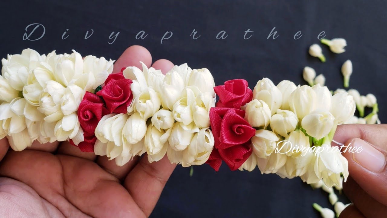 How to string jasmine and red rose flower veni/Gajra/garland ...