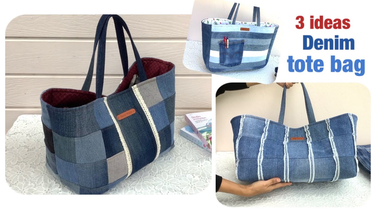 3 ideas denim tote bag tutorial from old jeans , how to make open wide ...