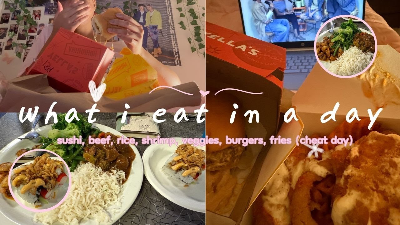 what i eat in a day | cheat day foods: shrimp, rice, beef, vegies ...