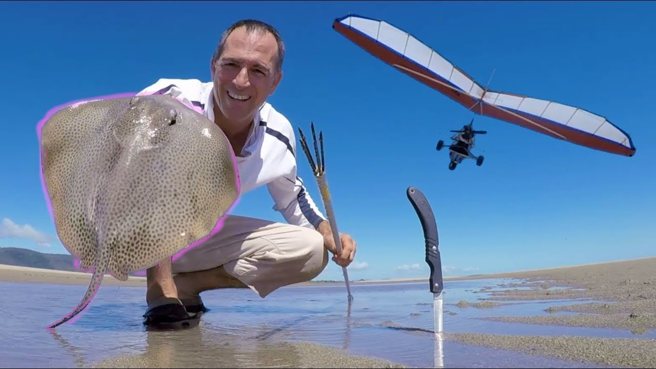 Spear Fishing Stingray with Ultralight Aircraft Beach Cook Up EP.480 ...