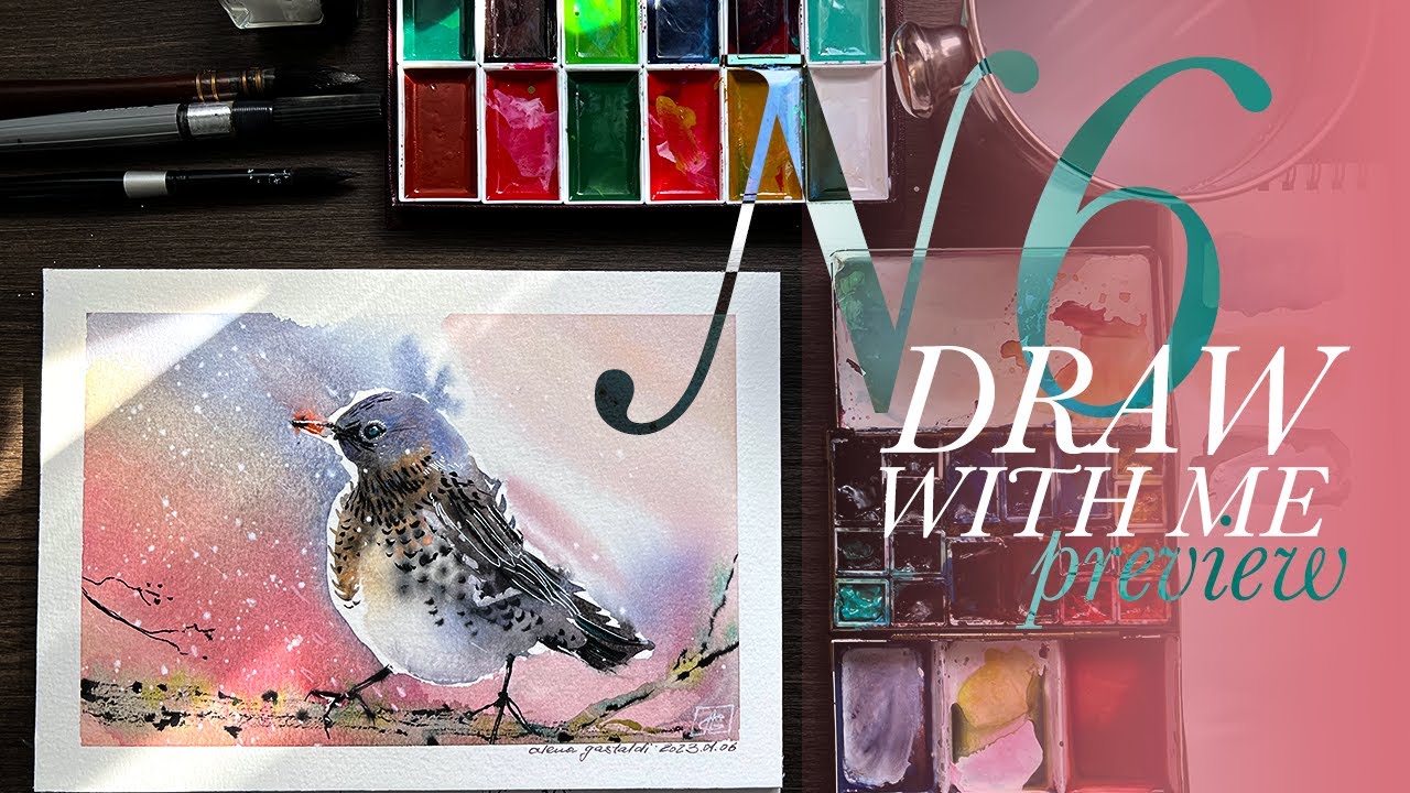 Drawing a bird (Fieldfare) in watercolour directly with a brush without ...
