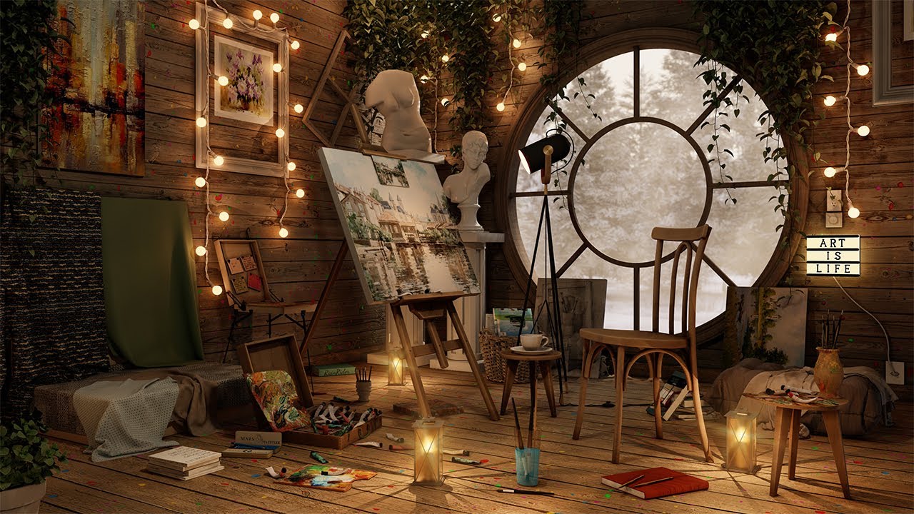 Cozy Art Studio Ambience 🎨 ️ Winter Haven with Blizzard Storm Sounds ...