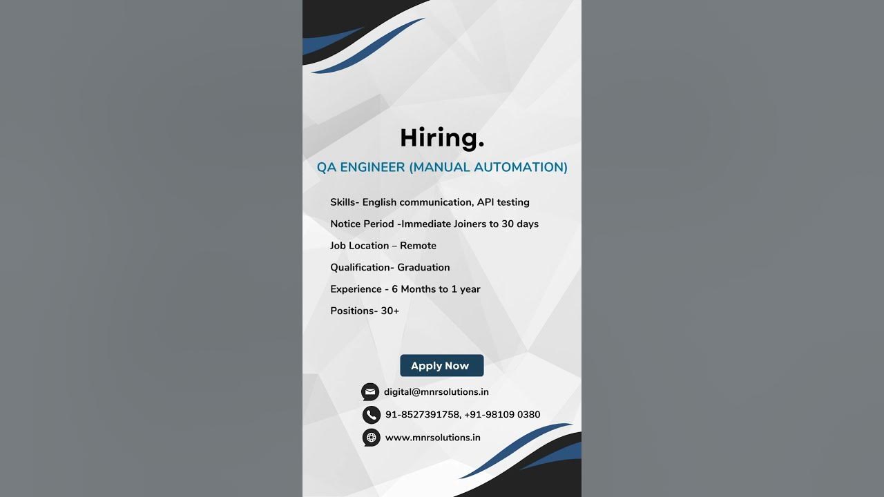 Qa Engineer Apiautomation Jobs Mnr Solutions Qajobs Qaengineer Remotejobs Youtube