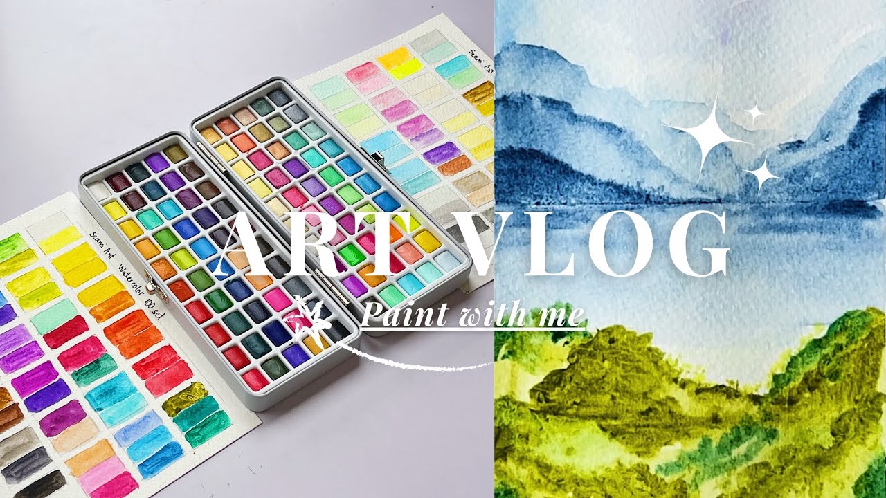 Art vlog 🎨/Trying Seami Watercolor 100 set/Swatch the color/Painting ...