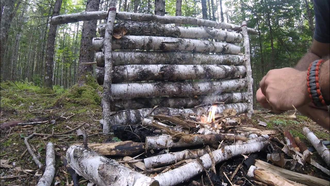 Bushcraft wood processing, fire starting and cooking a bush meal in the ...