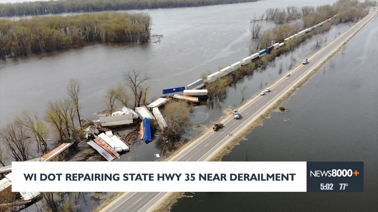 WI DOT repairing highway 35 near derailment - YouTube