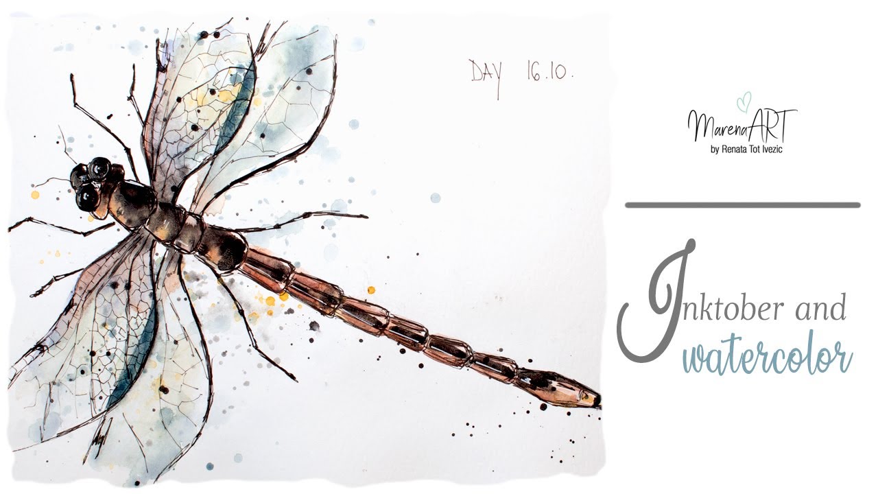 Ink and watercolor - Day 16 - dragonfly - YouTube